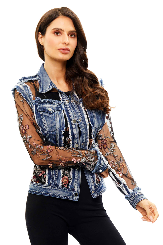 Long Sleeve Denim Jacket with Sheer Embroidery | Patchington